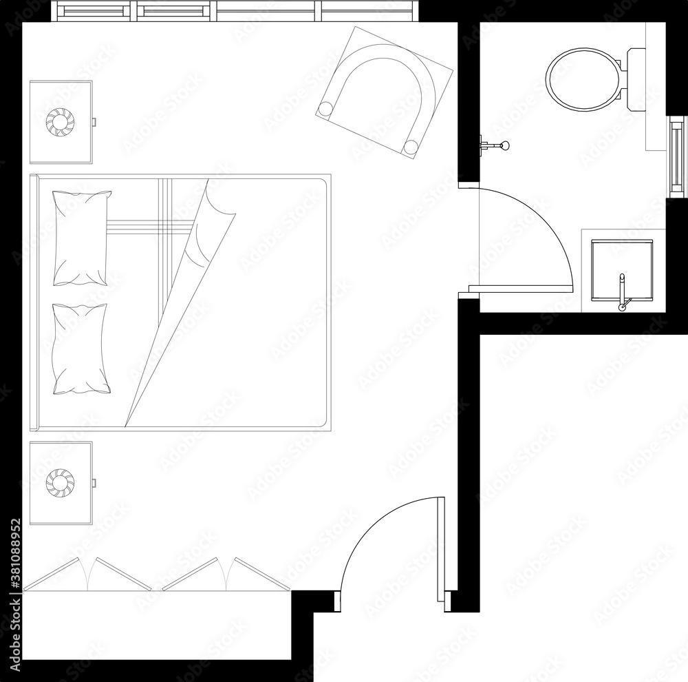 2D CAD drawing of single bedroom layout complete with 1 bathroom and ...