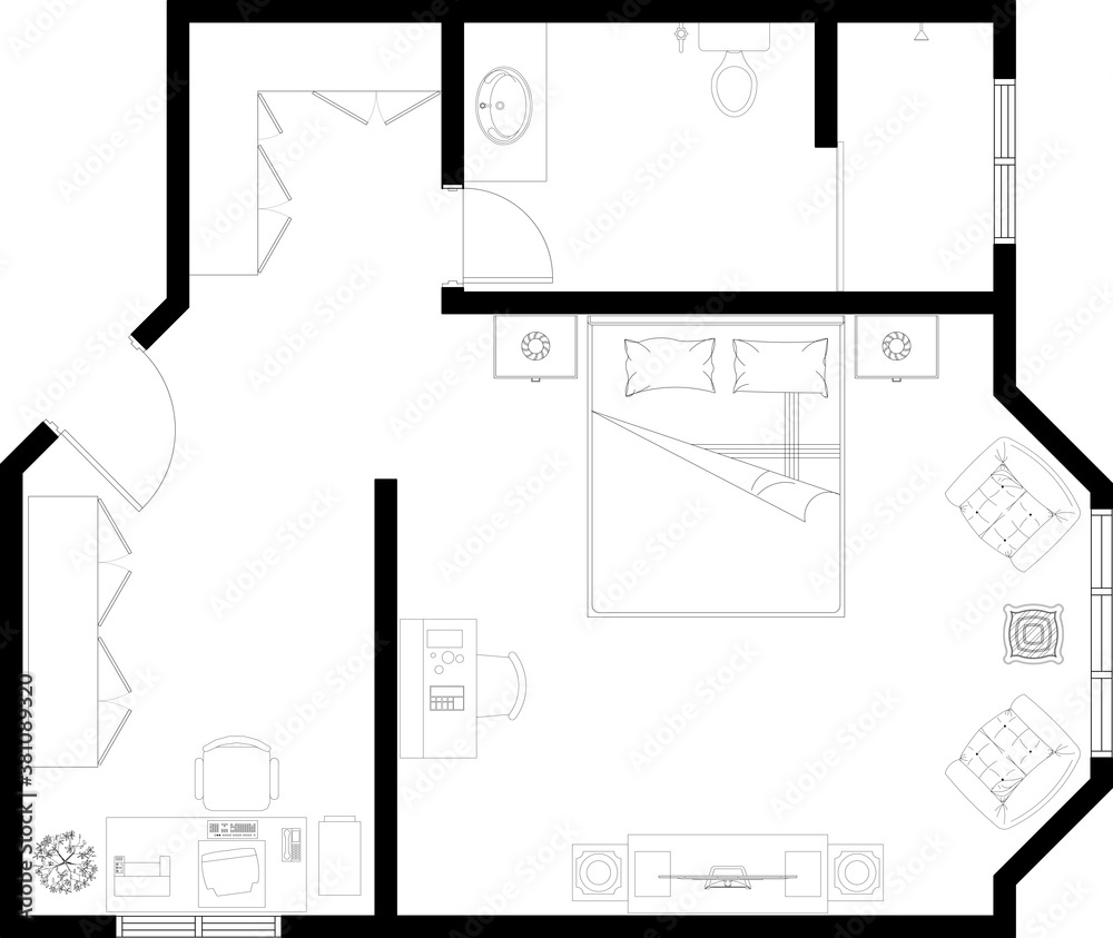 2D CAD drawing of single bedroom layout complete with 1 bathroom and ...