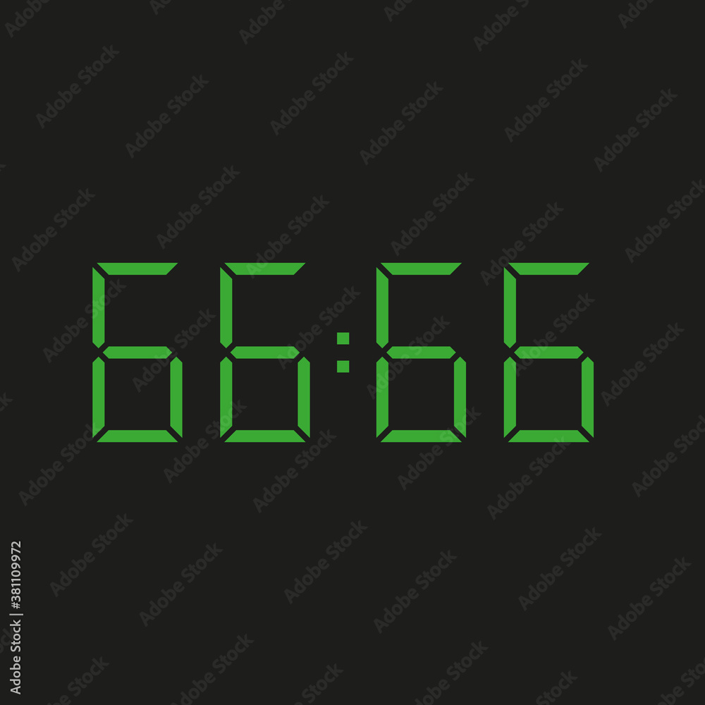 black background of electronic clock with four green numbers and datum ...