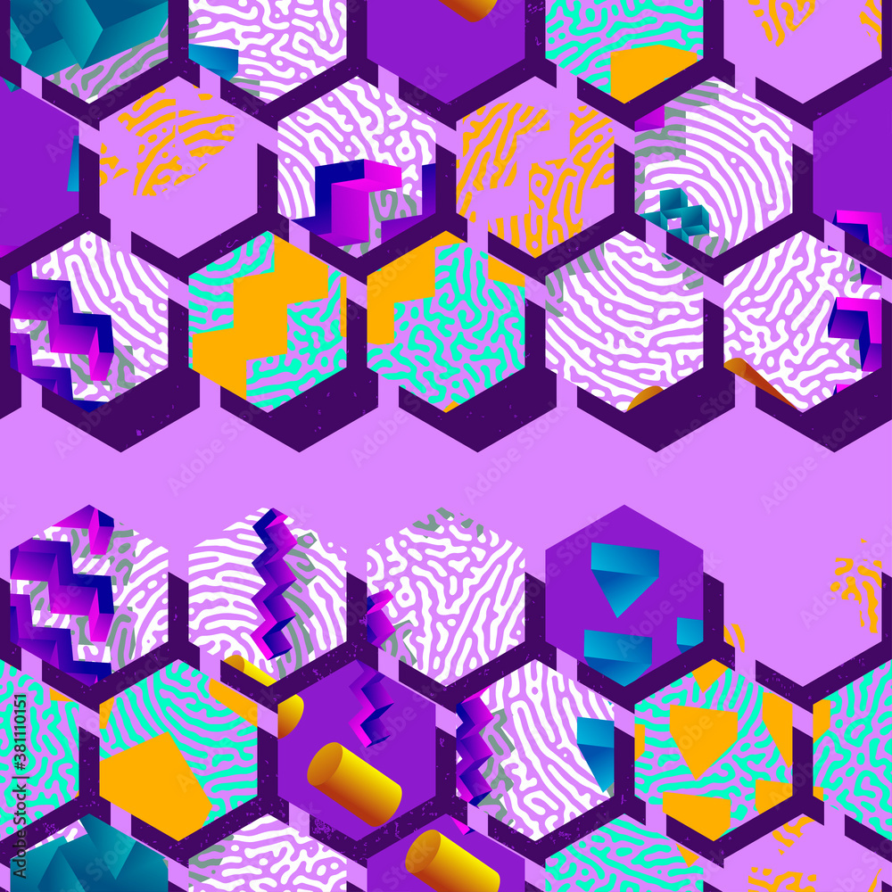 80s memphis style seamless texture with hexagon pattern, colourful 3D ...
