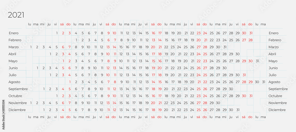Calendar 2021 in Spanish on light background. 12 months line by line ...