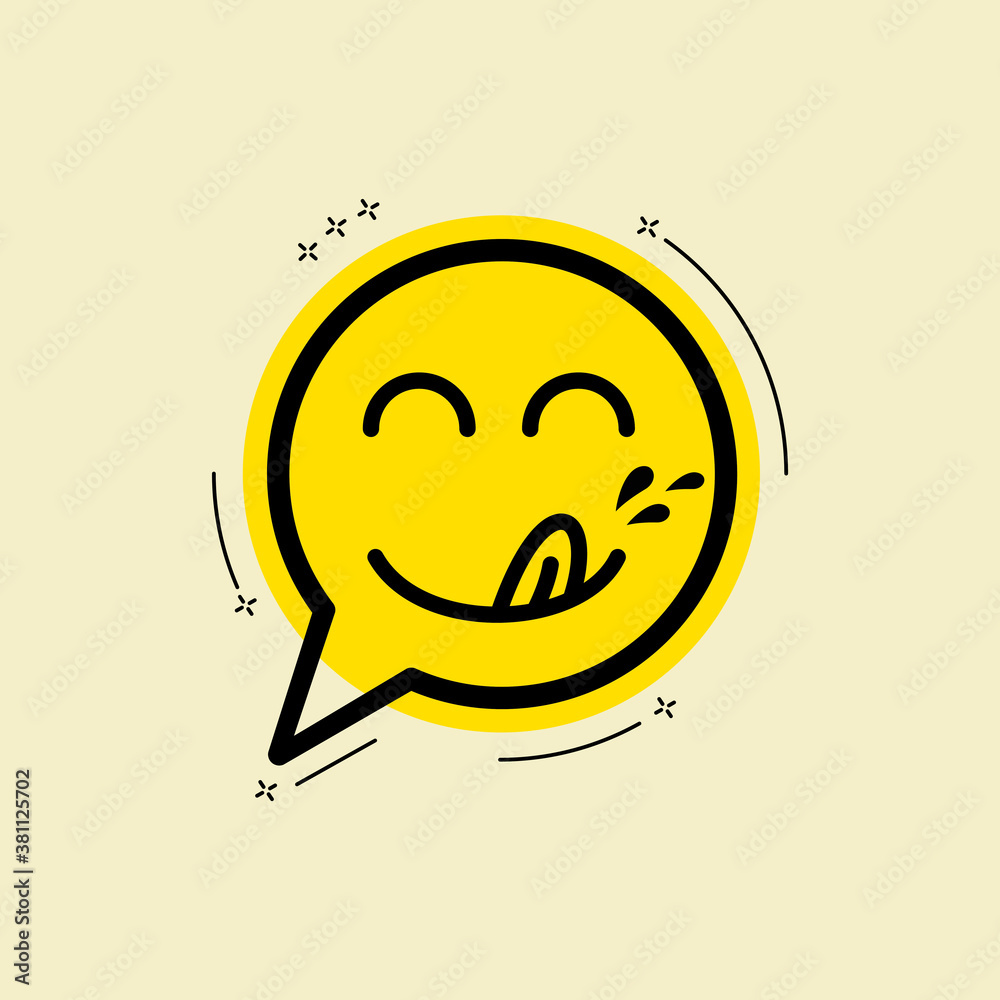 Yummy smile emoticon with tongue lick mouth. Tasty food eating emoji ...