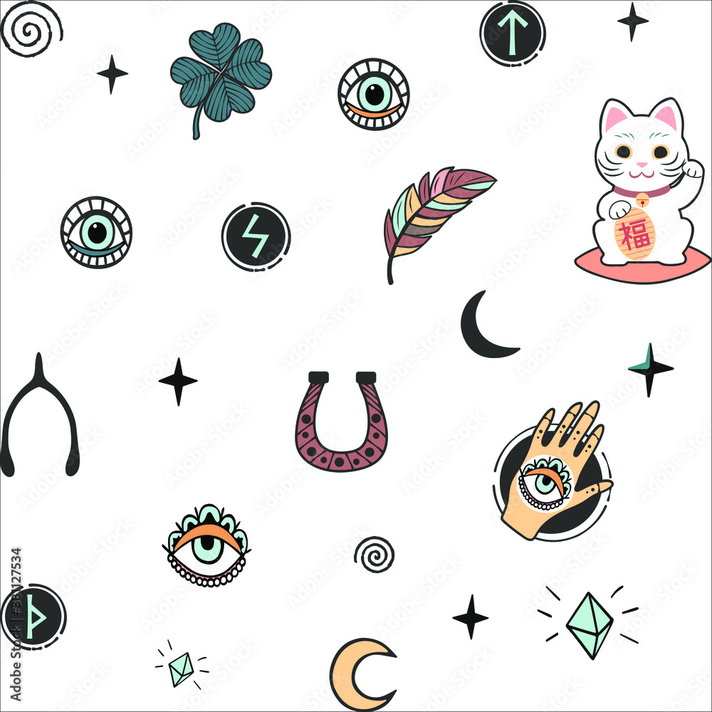 Vector pattern with lucky charms icons symbols isolated on white ...