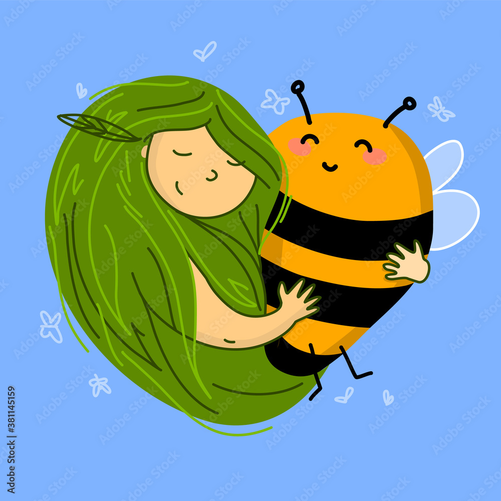Girl hugging a bee. Peaceful and friendly illustration in a summer mood ...