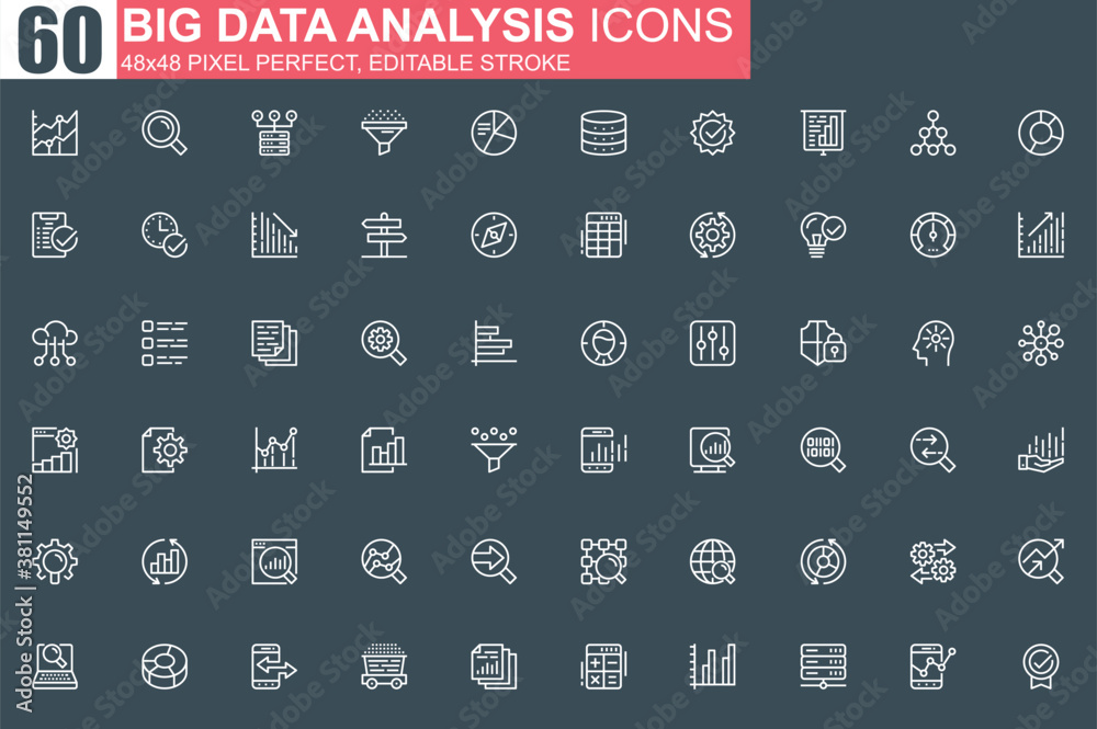 Big data analysis thin line icon set. Data processing outline ...