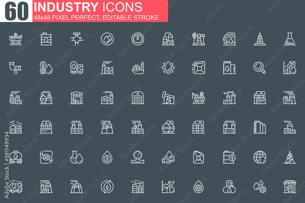 Heavy industry thin line icon set. Industrial manufacturing outline ...