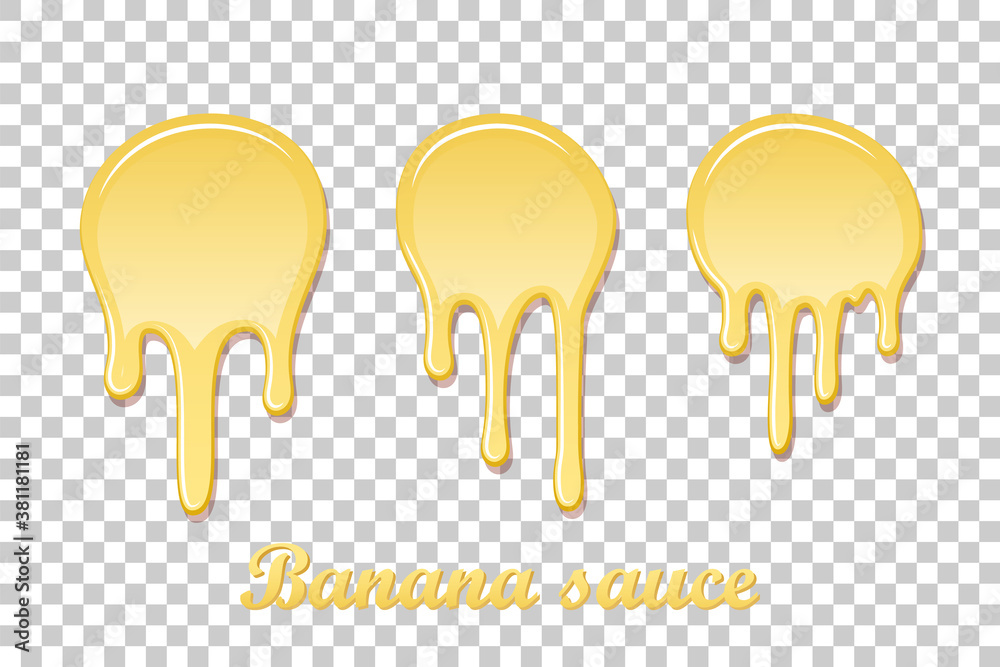 Banana sauce drip 3D set. Sweet milk cream, splash drops, isolated ...