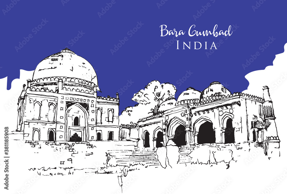 Drawing sketch illustration of Bara Gumbad, India Stock Vector | Adobe ...