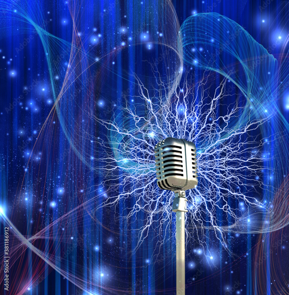 Vintage microphone and lightnings. 3D rendering Stock Illustration ...