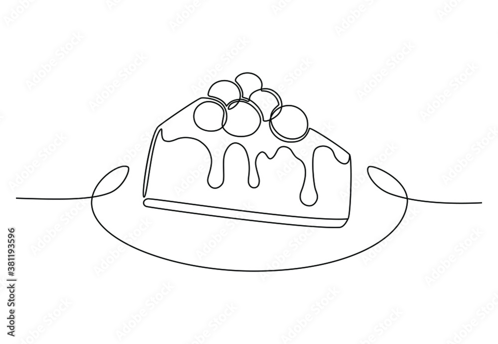 Сontinuous one line drawing of cheesecake with cherries for logo. Hand ...