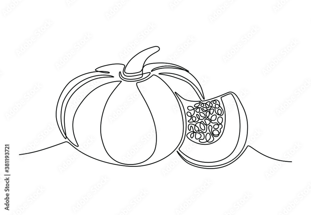 Continuous one line drawing of round organic pumpkin with slice for ...