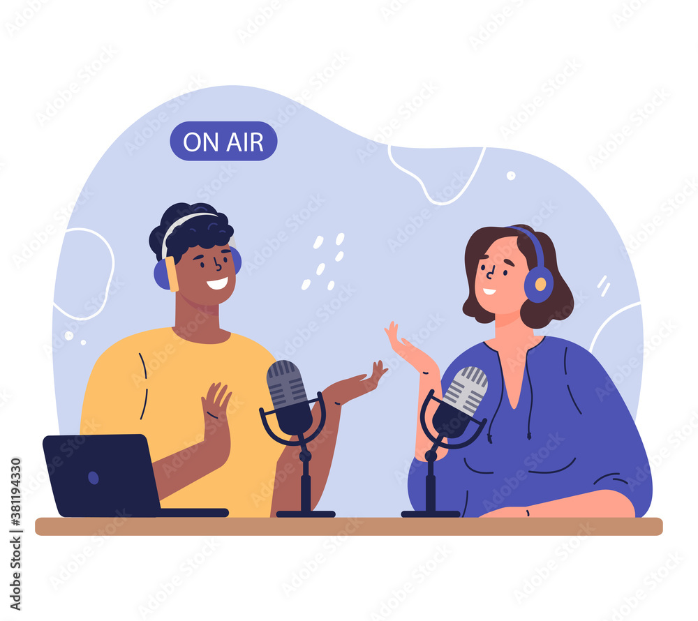 Vetor de Radio host.Podcast concept illustration.Young happy man and ...