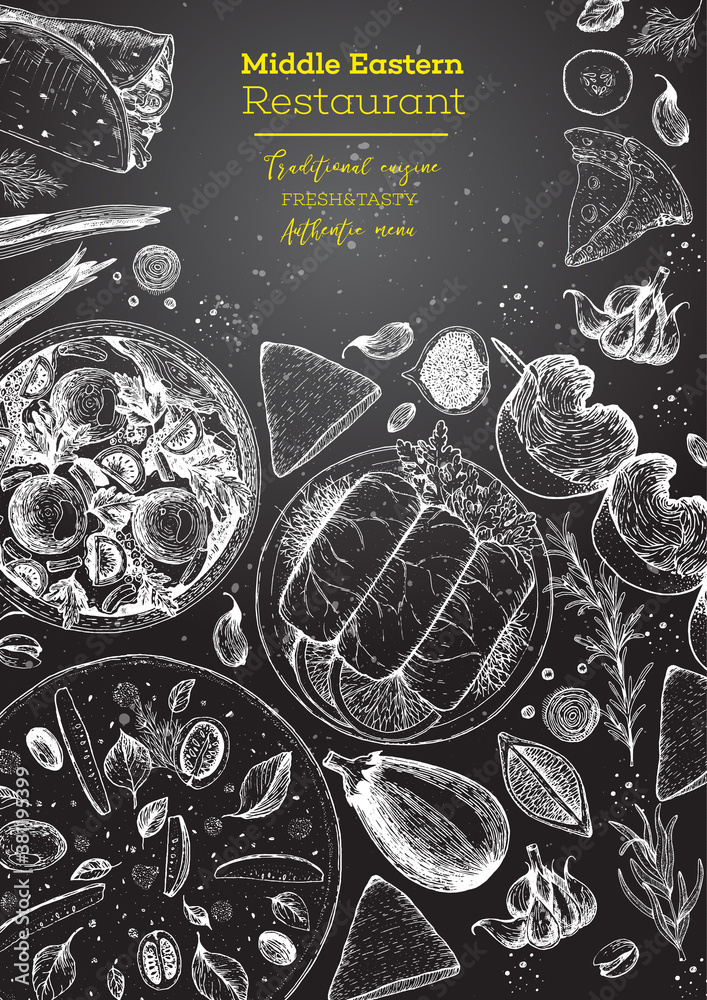 Middle eastern cuisine top view frame. Food menu design with manakeesh ...