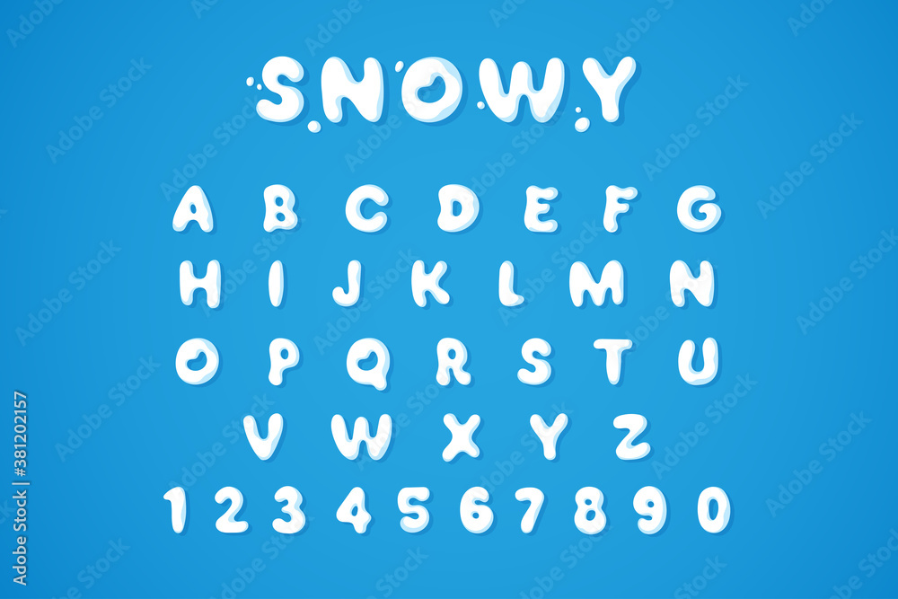 Snowy winter font isolated on blue background. White snow alphabet in ...