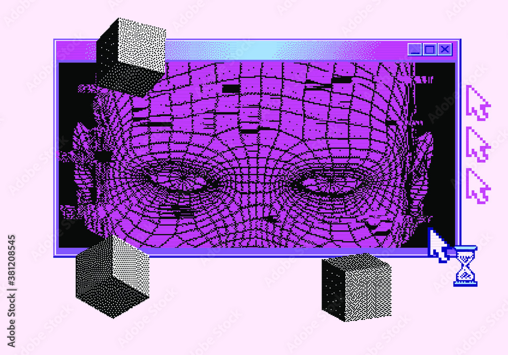 Retrofuturistic poster with human head silhouette and user interface ...