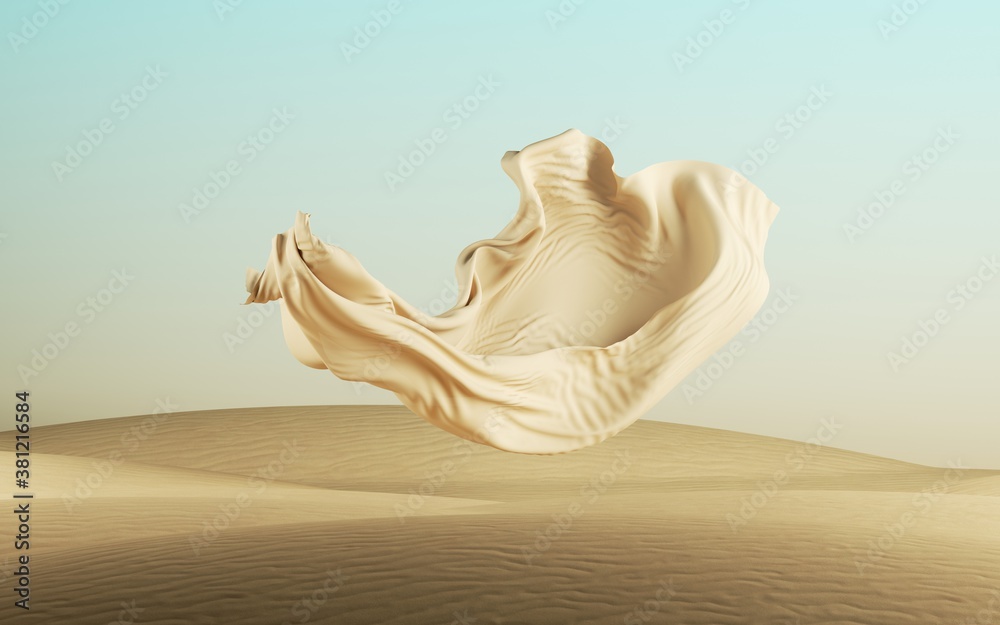 3d render, textile cloth falls down, fabric levitates above the ground ...