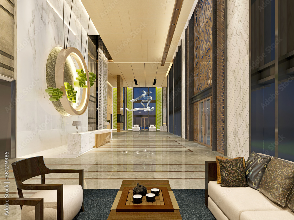 3d render of luxury hotel lobby reception Stock Illustration | Adobe Stock