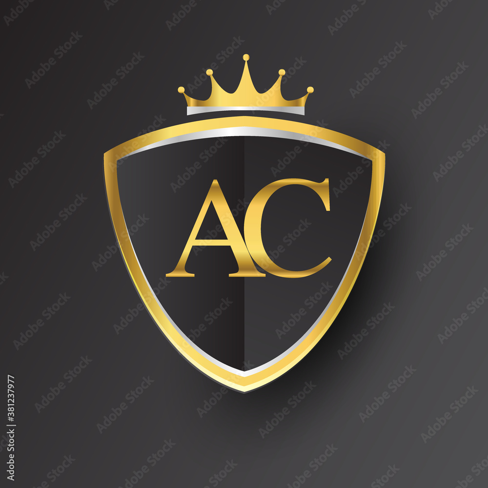 Initial logo letter AC with shield and crown Icon golden color isolated ...