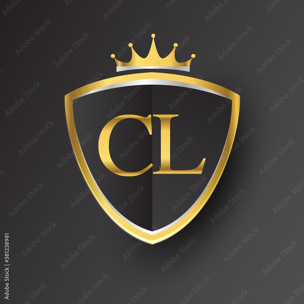 Initial logo letter CL with shield and crown Icon golden color isolated ...
