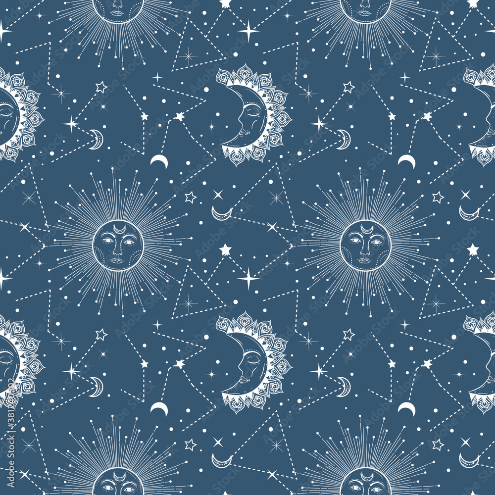 Bohemian seamless pattern with sun, moon, stars and constellation. Vintage style. Gypsy and ...