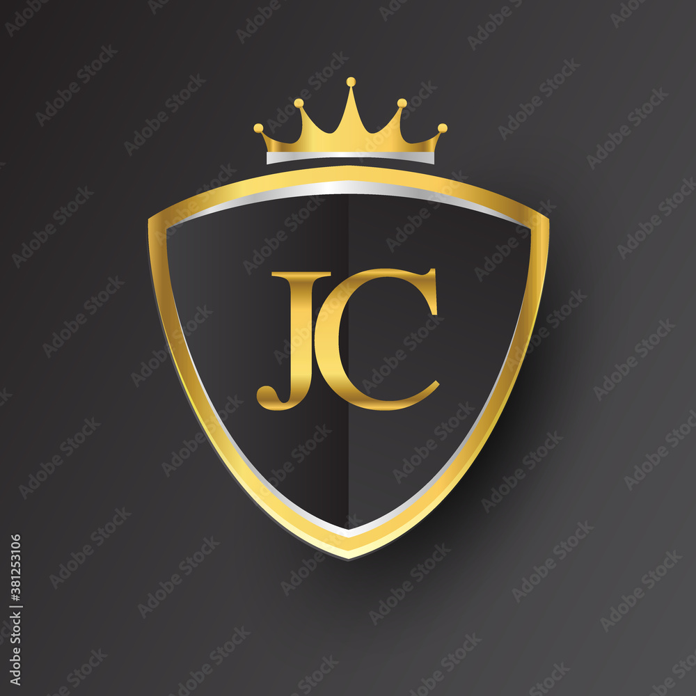 Initial logo letter JC with shield and crown Icon golden color isolated ...