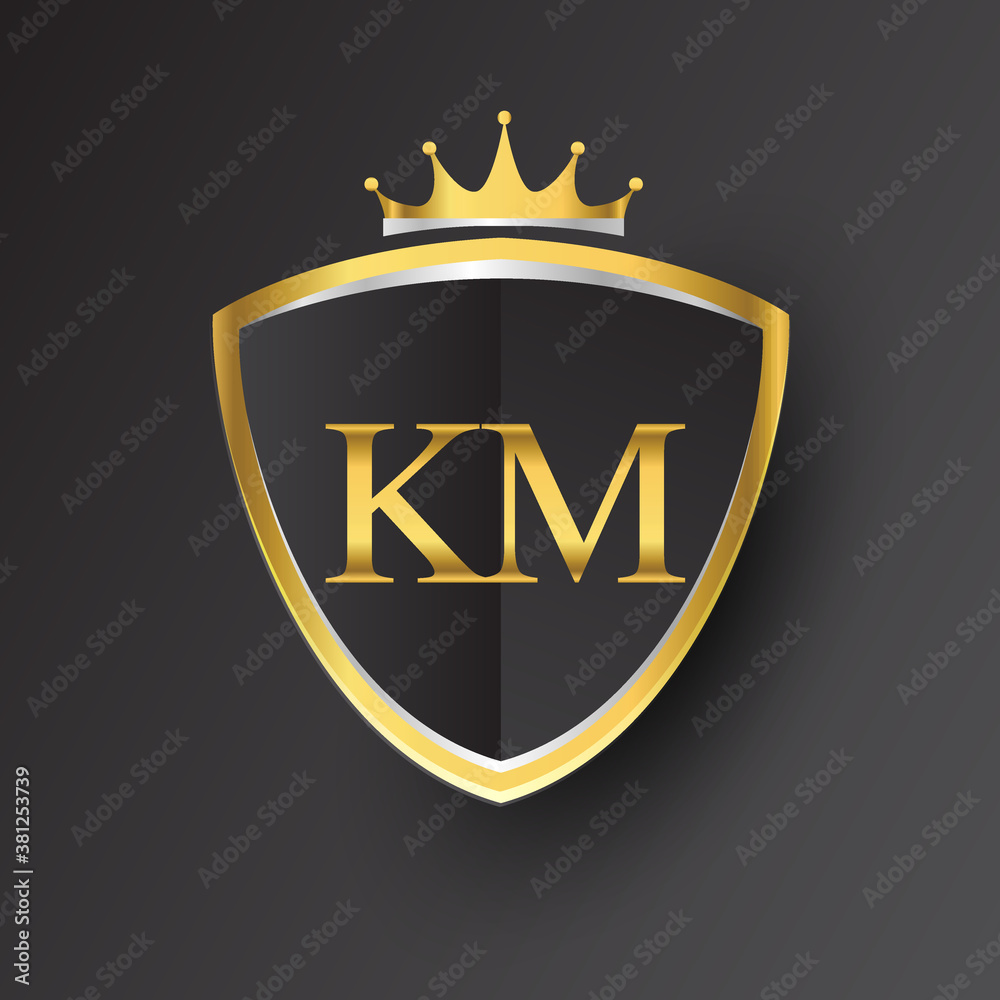 Vecteur Stock Initial logo letter KM with shield and crown Icon golden ...