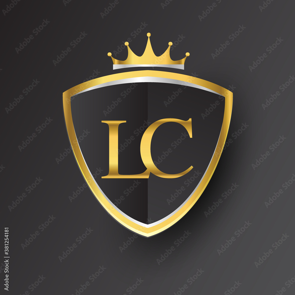 Initial logo letter LC with shield and crown Icon golden color isolated ...