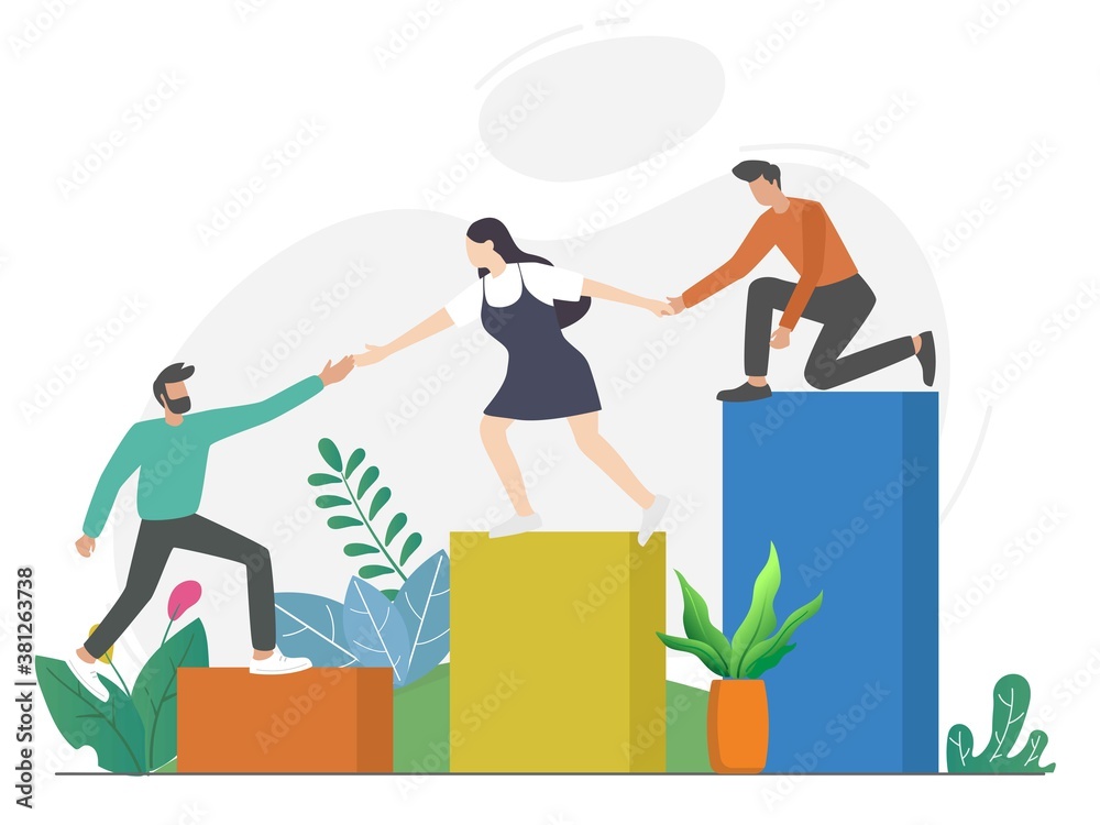 Employees giving hands and helping colleagues to walk upstairs. Team ...