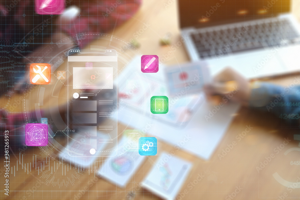 UX UI user interface design graphical icon with graphics designer ...