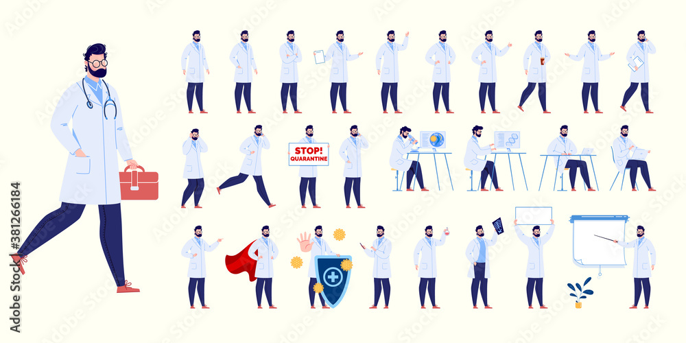 Doctor character creation set with various poses and gestures. Isolated ...
