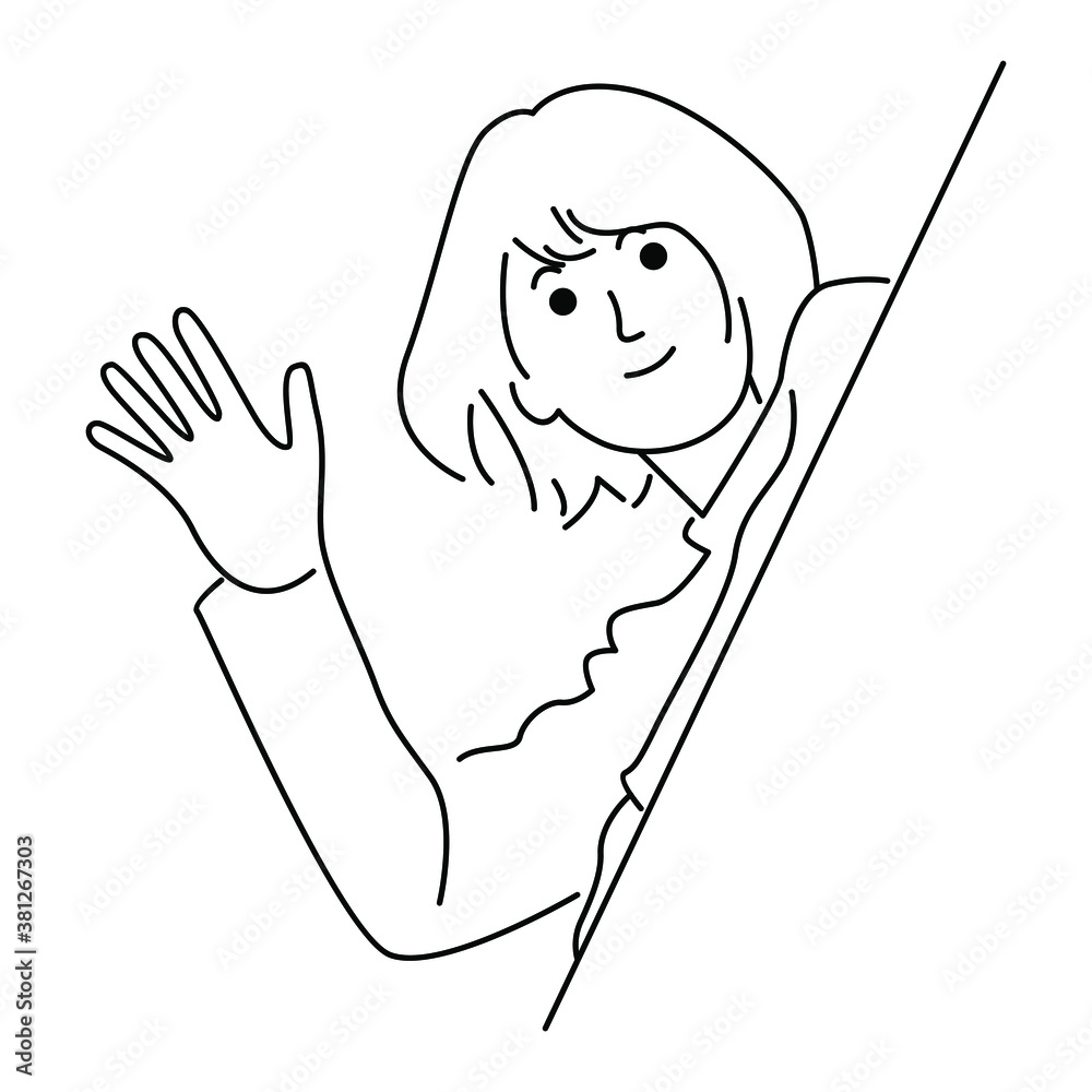 Cute girl saying "Hi". Vector line art illustration Stock Vector ...