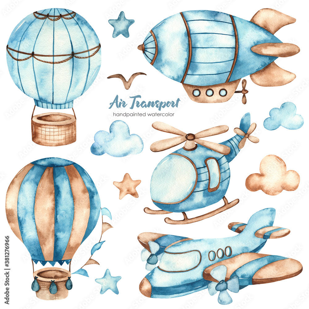 Watercolor clipart air transport with airplane, airship, air balloon ...