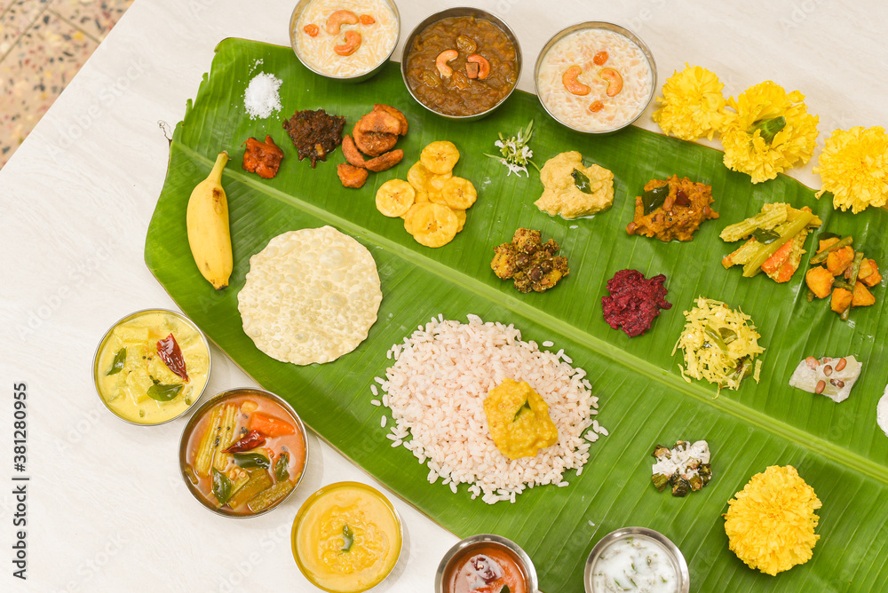 Traditional Onam sadhya, boiled rice, served for Kerala Indian festival ...