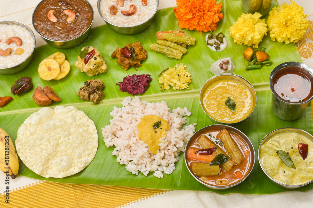 Traditional Onam sadhya, boiled rice, served for Kerala Indian festival ...