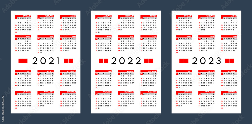 2021 2022 2023 pocket calendars set, sunday first Stock Vector | Adobe ...