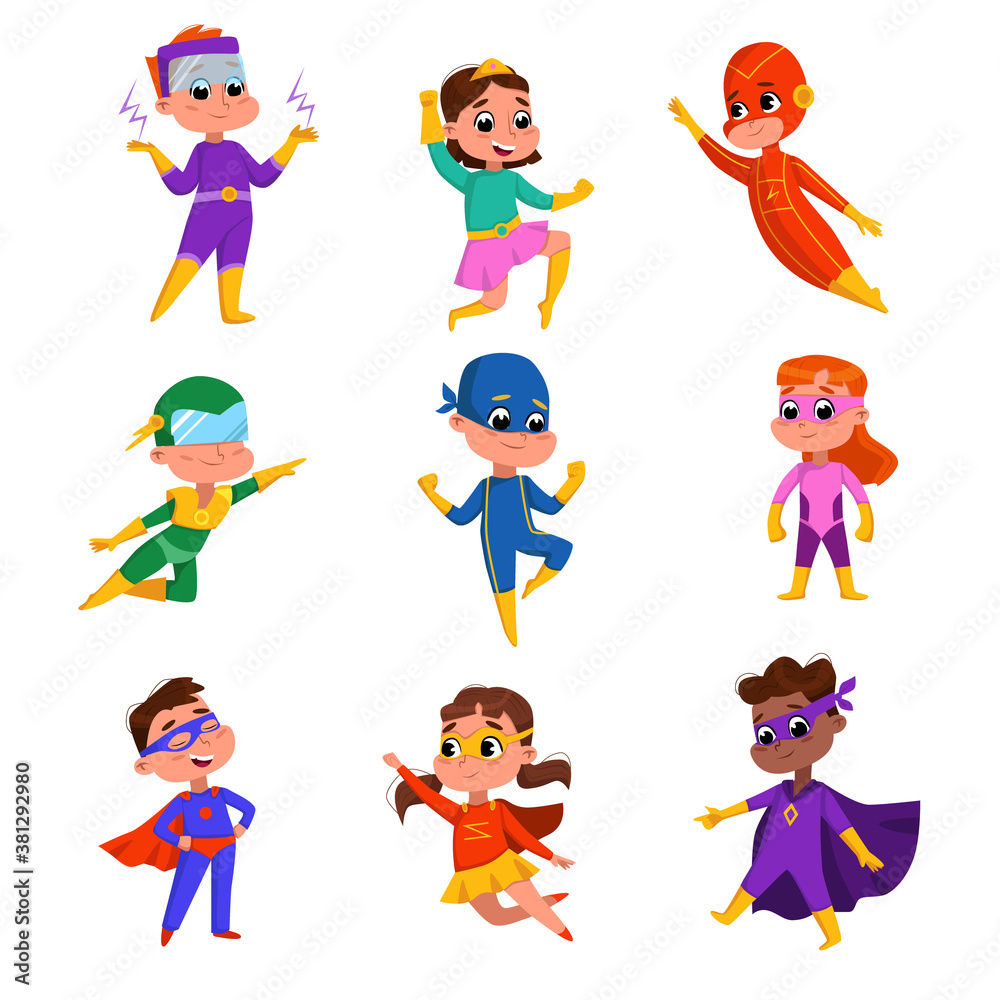 Cute Boys and Girls in Wearing Colorful Superhero Costumes and Masks ...