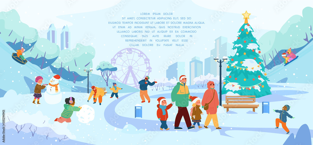 Vector Winter Park Scene With People. Children And Adults Walking ...