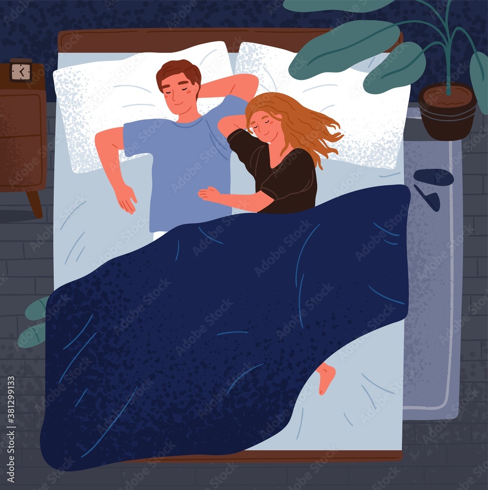 Happy couple sleeping together on bed vector flat illustration ...