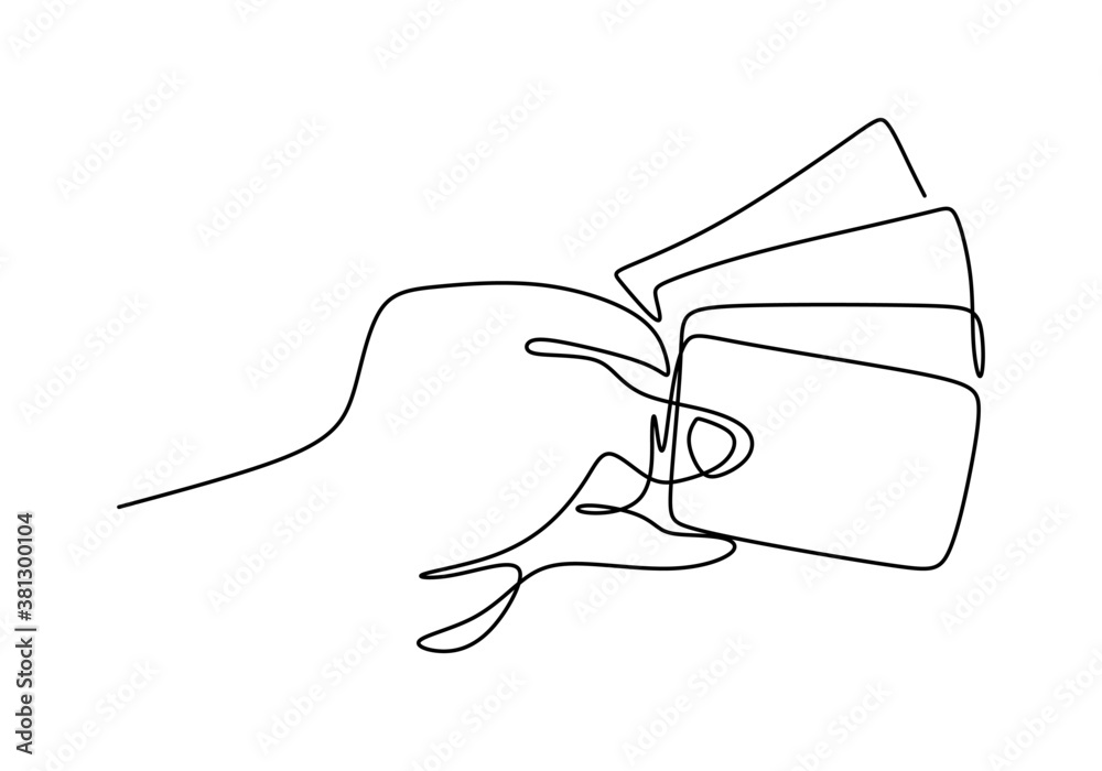 Continuous line drawing with holding a card. Hand giving a credit card ...