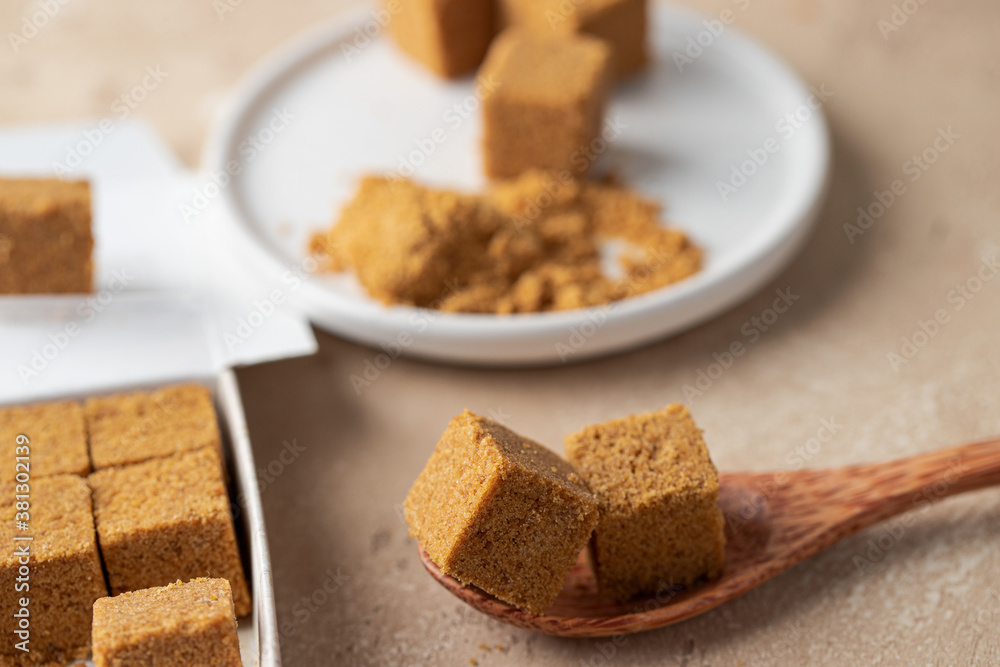 Panela blocks, unrefined whole cane sugar, typical used in Central and ...