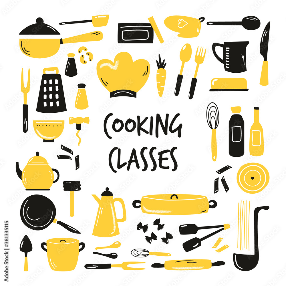 Hand drawn banner, background with cooking utensils, amenities. Vector ...
