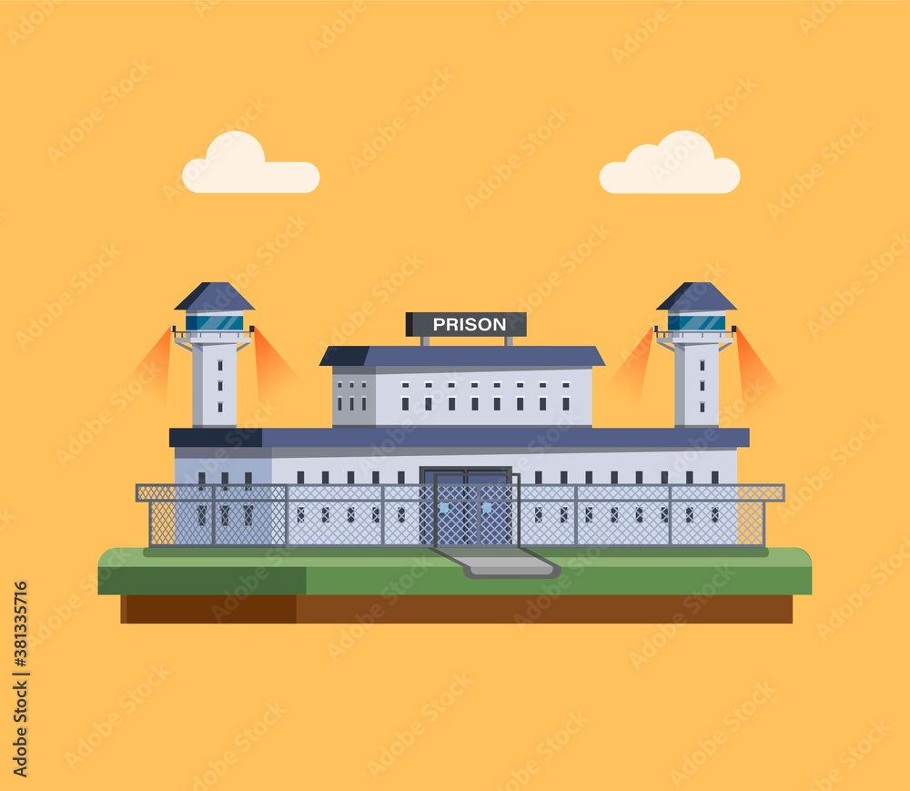 Prison Building with patrol tower concept in flat illustration vector ...