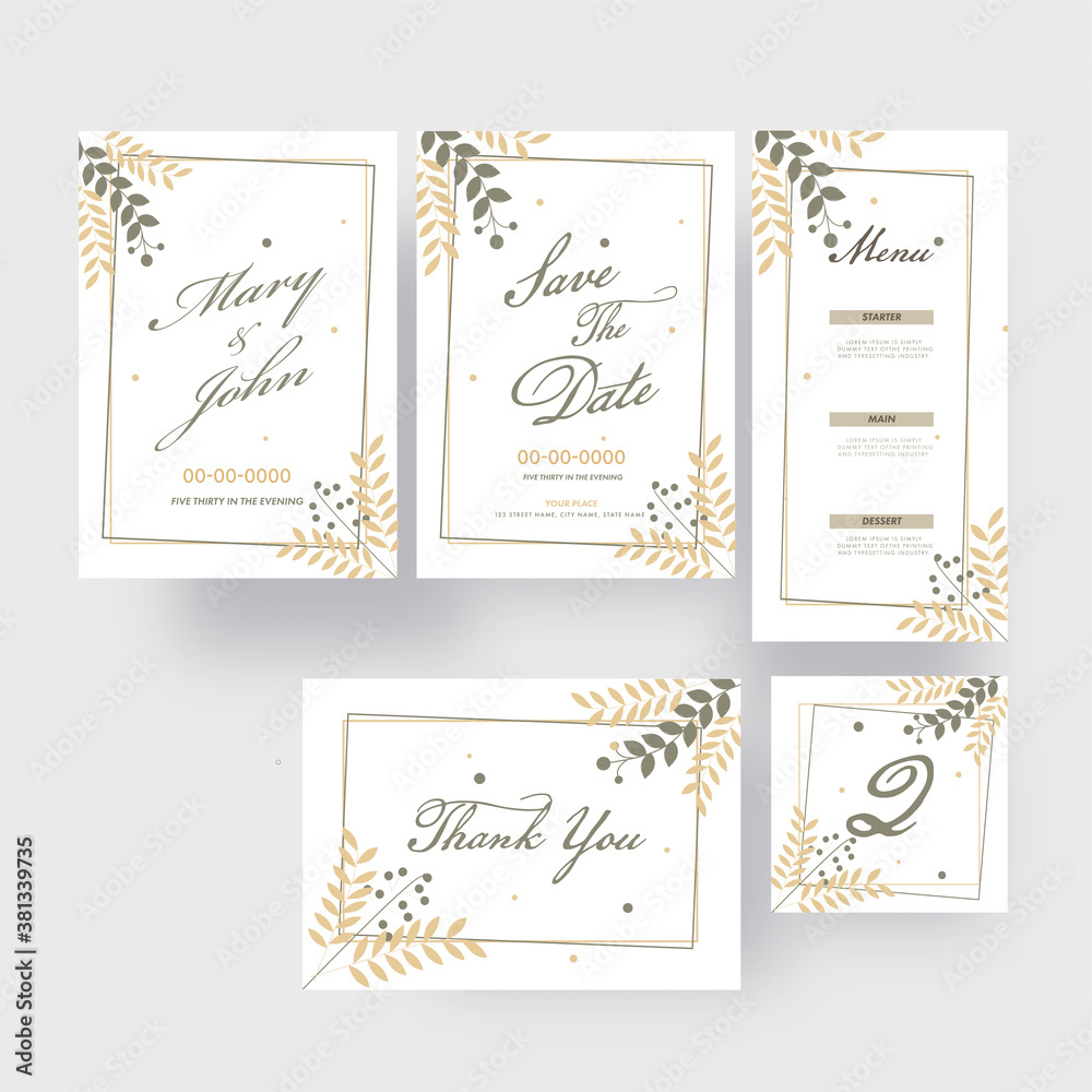 Wedding Invitation Card Design Set Decorated with Leaves and Event ...