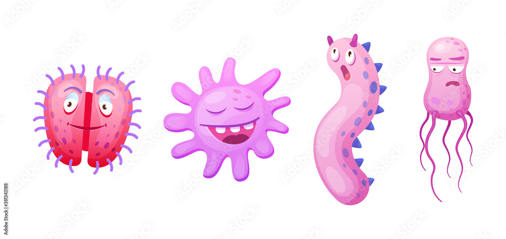 Microorganism, bacteria, microbes, cute germs, virus cell, bacillus ...
