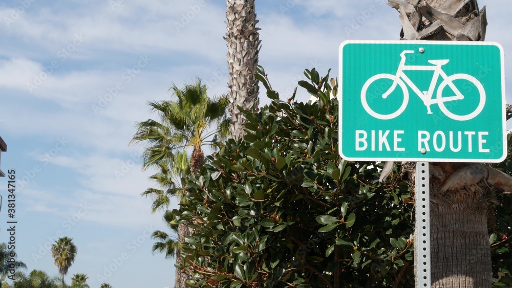 Bike Route green road sign in California, USA. Bicycle lane singpost ...