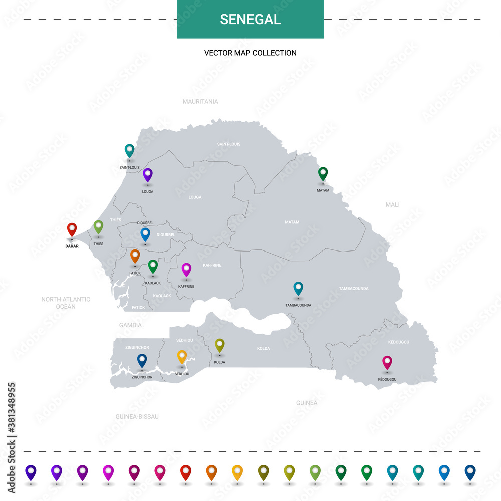 Senegal map with location pointer marks. Infographic vector template ...