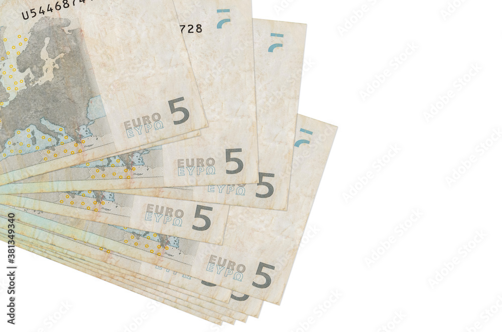5 euro bills lies in small bunch or pack isolated on white. Mockup with ...