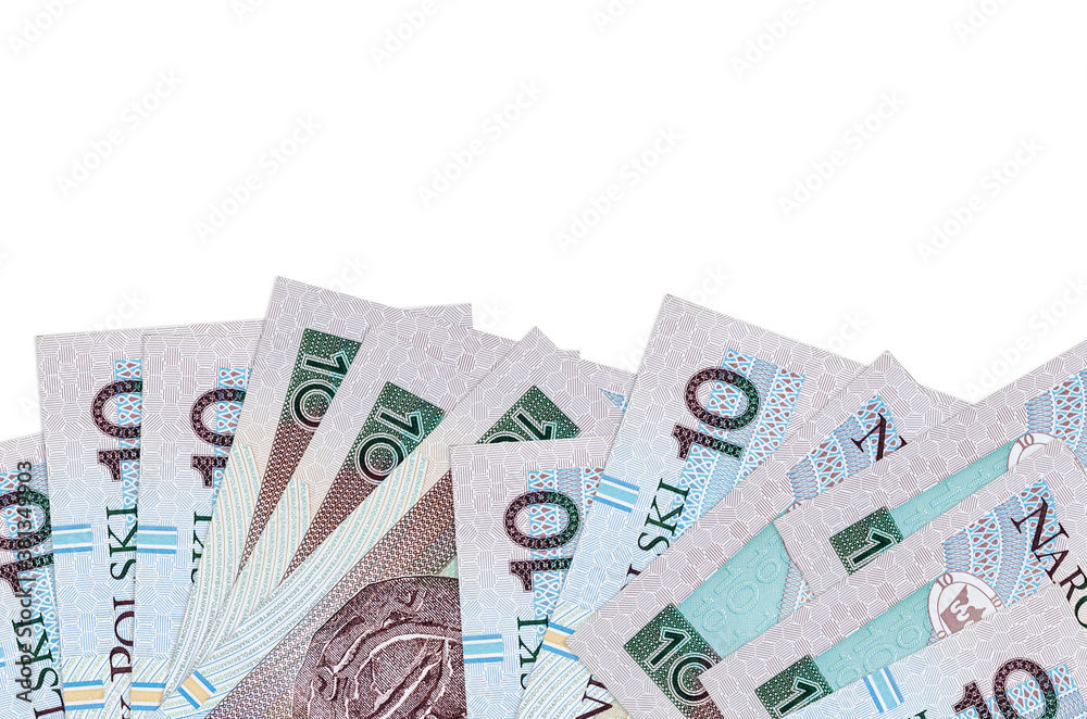 10 Polish zloty bills lies on bottom side of screen isolated on white ...
