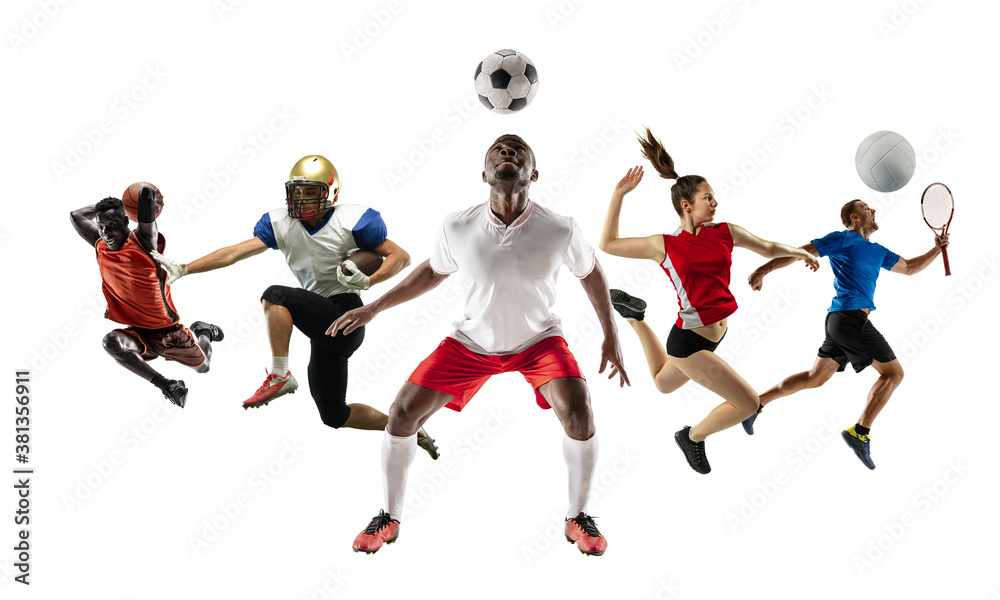 Collage of different professional sportsmen, fit men and women in ...