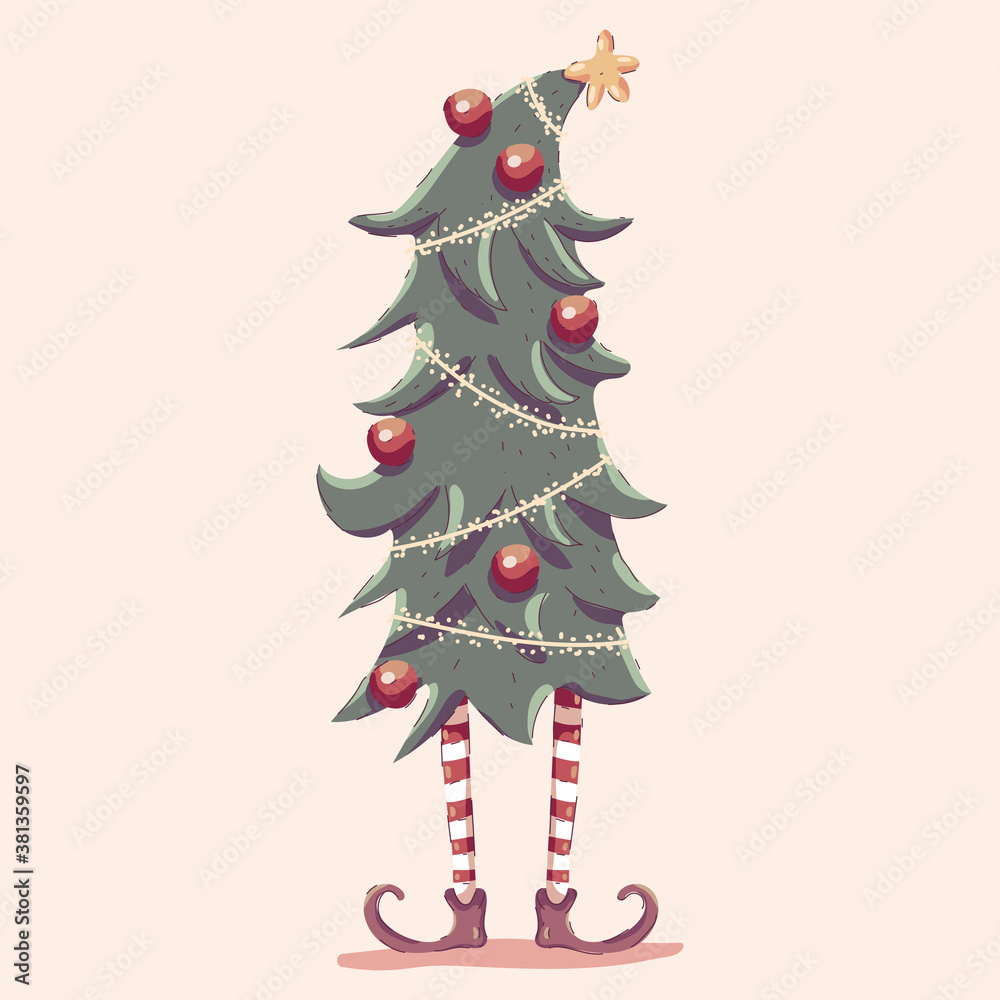Christmas tree with elf legs vector cartoon illustration isolated on ...